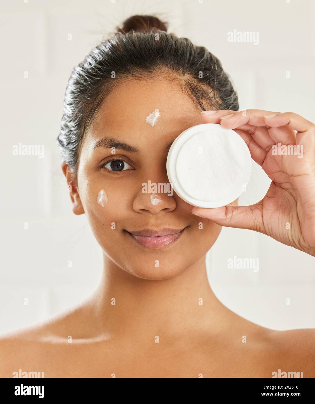 Indian woman, portrait and skincare or lotion product for treatment of ...