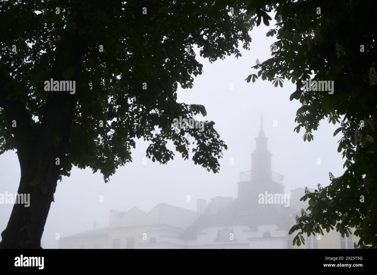 As dawn breaks, a dense fog envelops the town hall tower in Krasnystaw ...