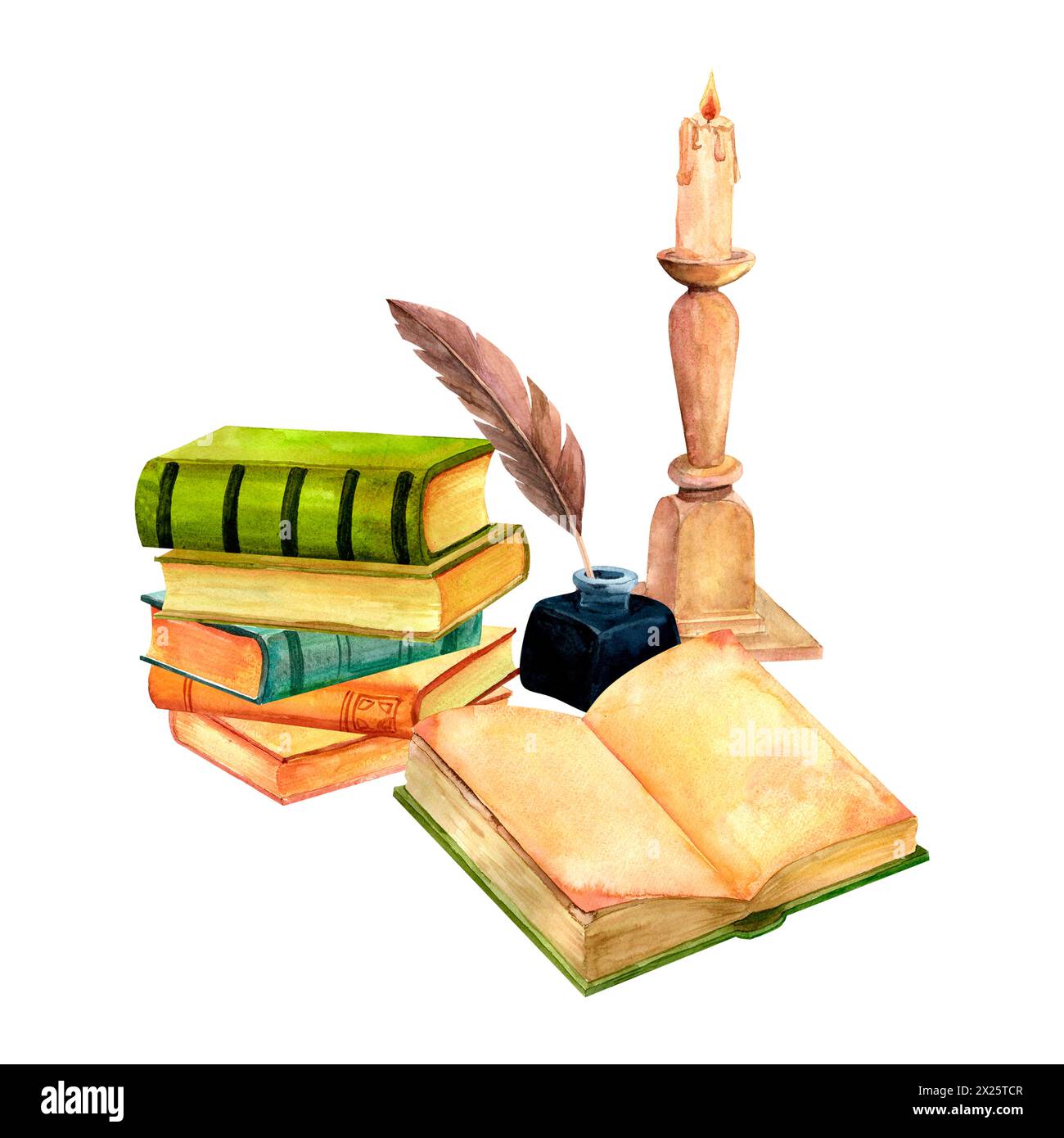 Books, feather ink pen and candlestick composition. Vintage reading ...