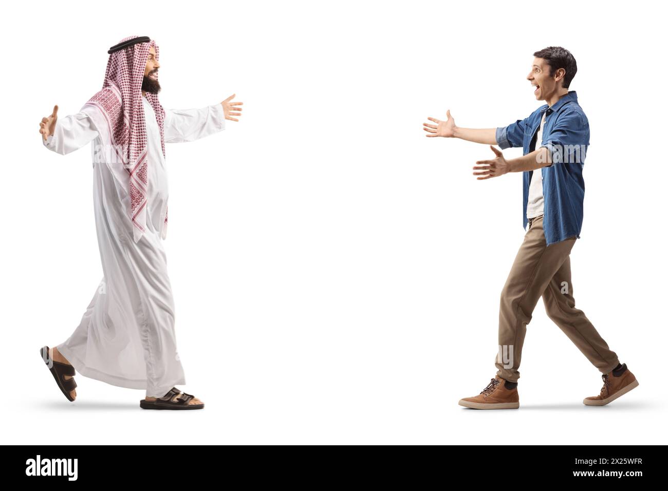 Saudi arab man in islamic clothes meeting and greeting a casual young ...