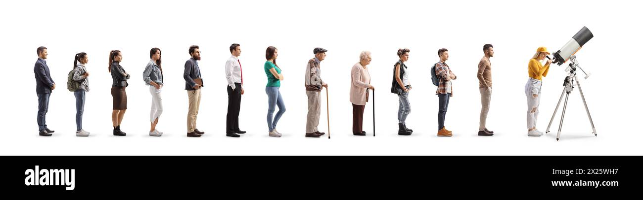 People waiting in a line to observe with a telescope isolated on white ...