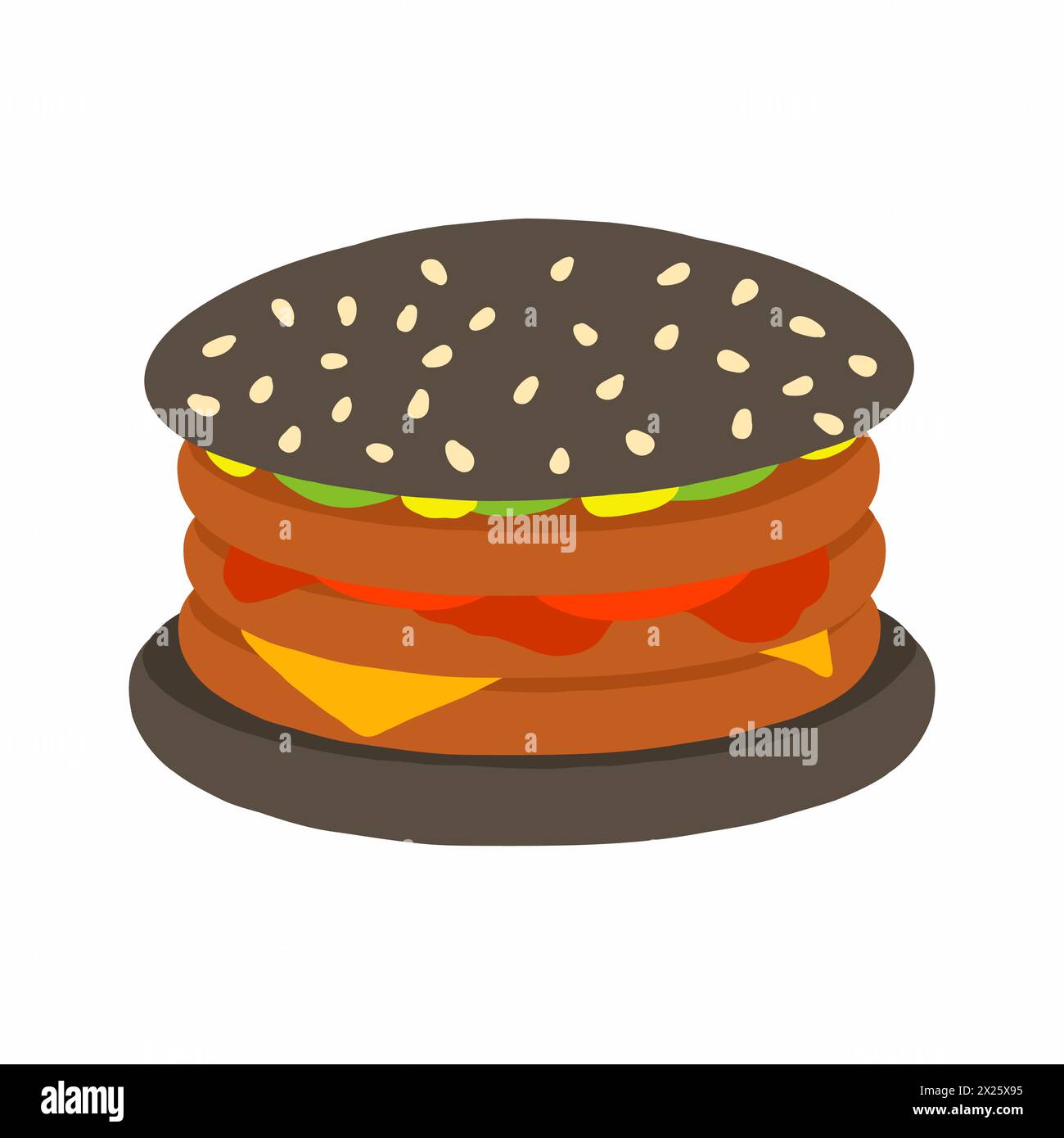 Burger with triple cutlet, black bun, ketchup, mustard, cheese, slice ...