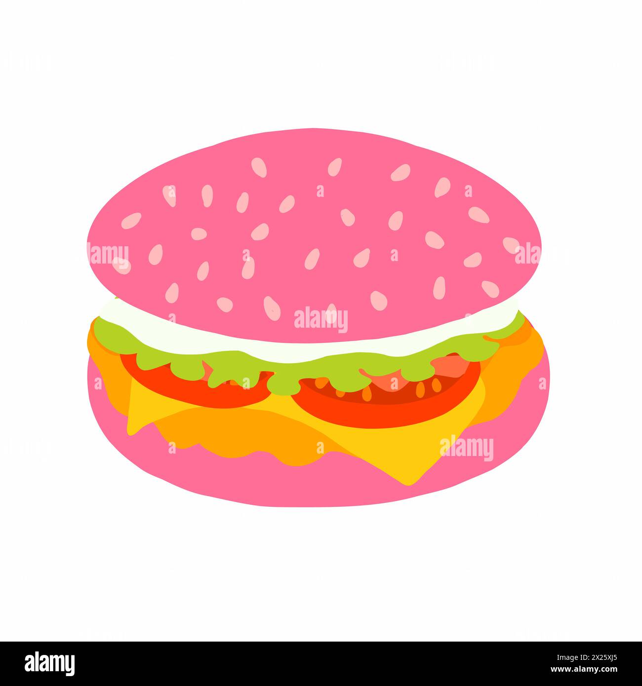 Pink burger with chicken cutlet, fresh tomato, salad leaf, cheese and ...