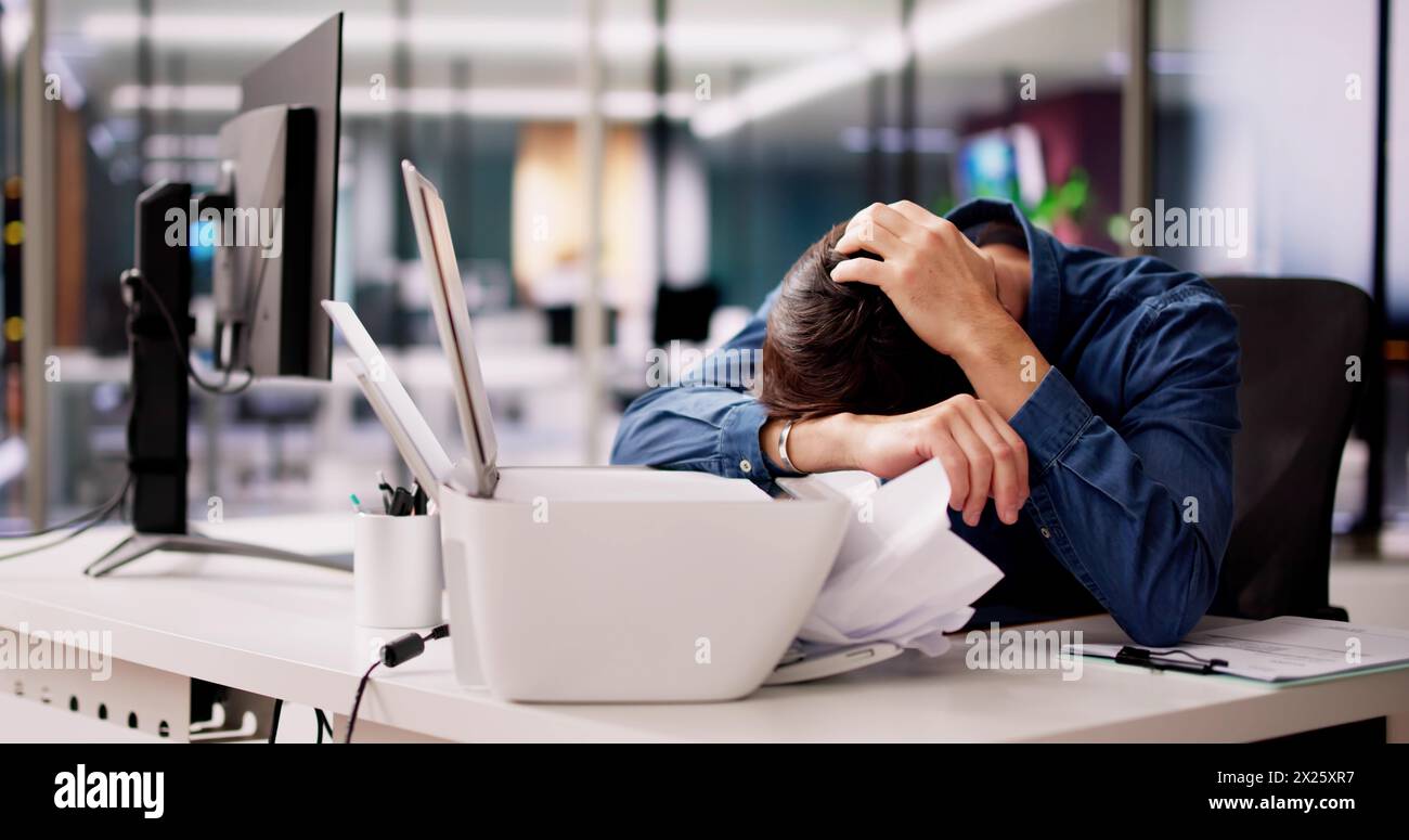 Broken Printer Problem. Man Tried To Fix Broken Photocopier Stock Photo ...