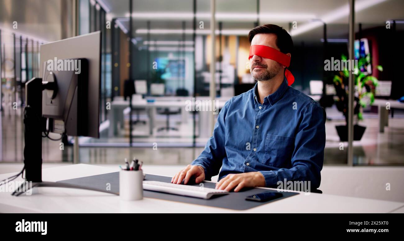 Confused Blindfolded Man Concept. Office Worker Using Computer Stock ...
