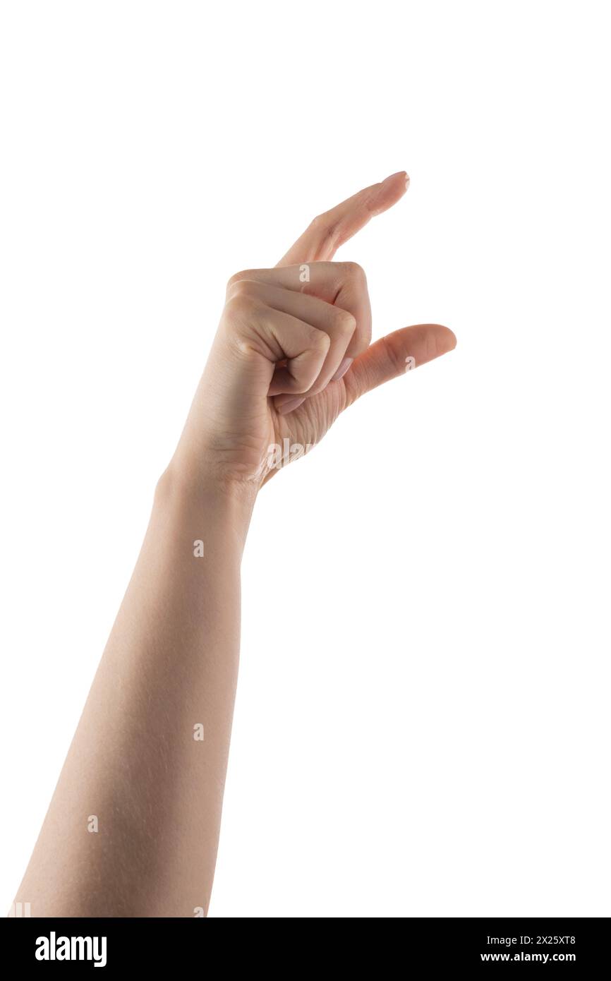 Young woman hand holding something with fingers isolated on white background, high detailed ...