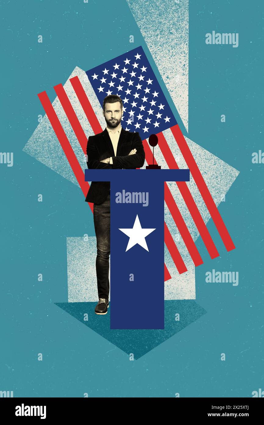 Vertical photo collage of serious man nominee president usa flag stage ...