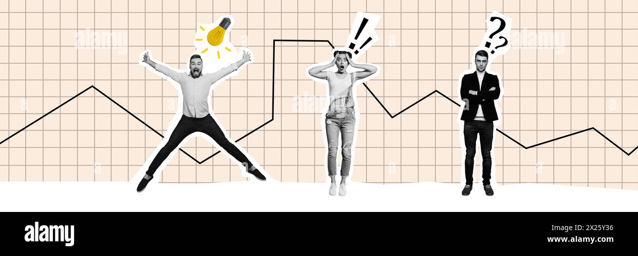 Panoramic collage young employees colleagues businesspeople question ...