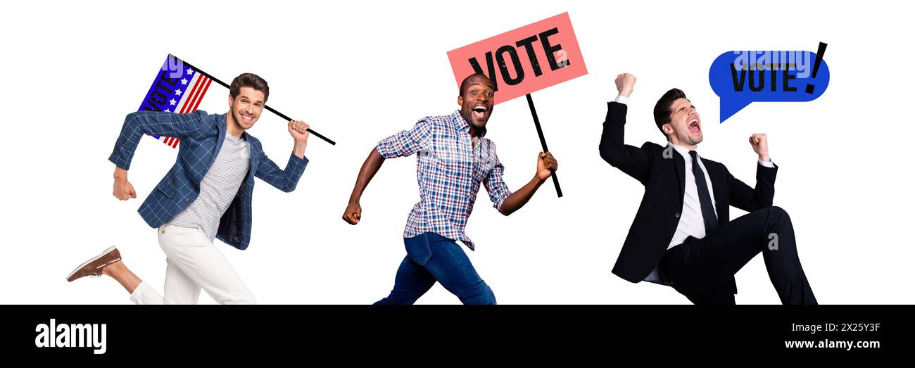 Composite panoramic collage of white black group men run crowd ...