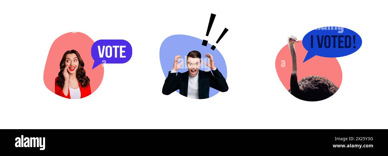 Composite panoramic collage of people ostrich go vote agitation ...