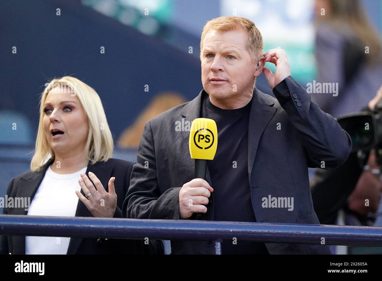 Premier Sports pundit Neil Lennon alongside presenter Emma Dodds before ...