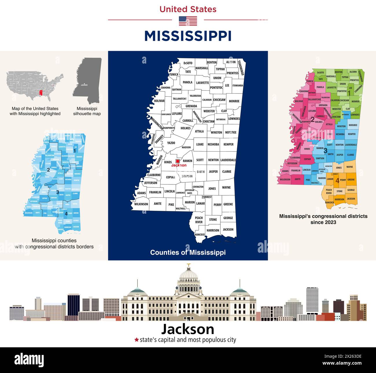 Mississippi's counties map and congressional districts since 2023 map ...