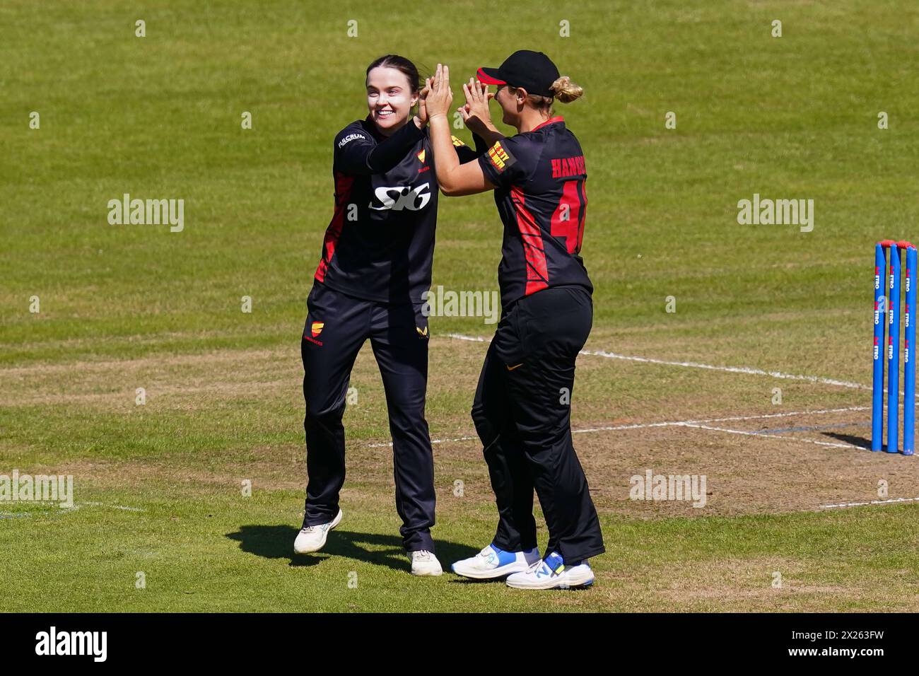 Cardiff, UK, 20 April 2024. Sunrisers' Maddy Villiers celebrates with ...