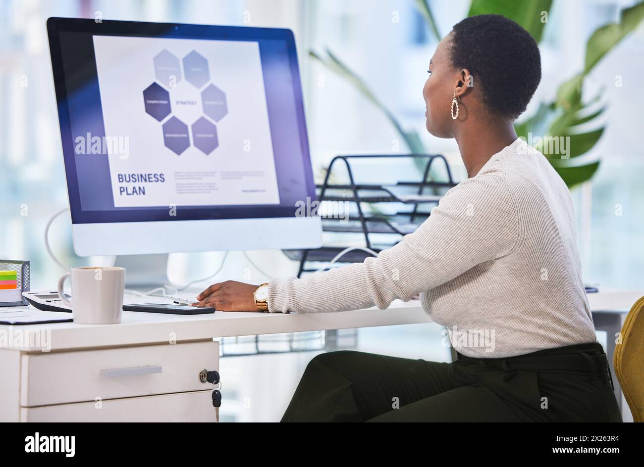 Black woman, computer screen and business plan for digital marketing ...