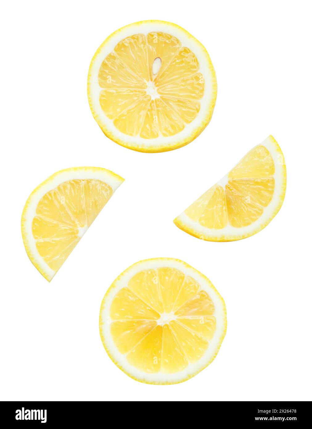 Top view set of yellow lemon half with slices is isolated on white ...