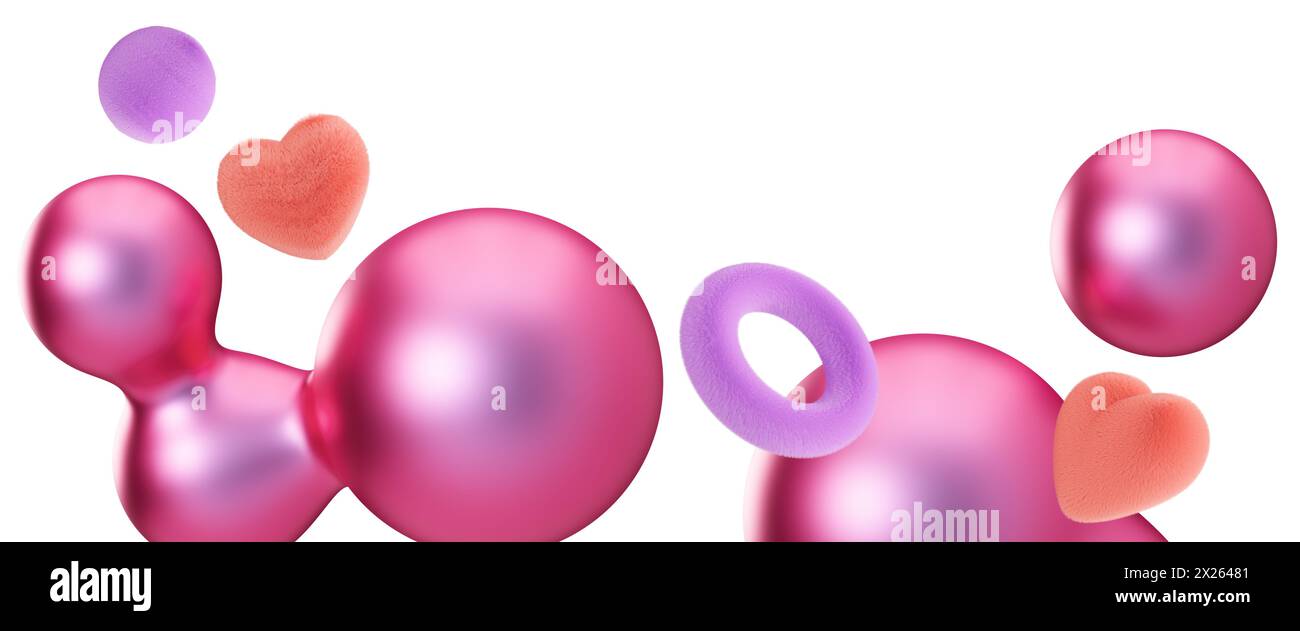 Playful footer with abstract, fluffy and metallic 3D shapes, isolated ...