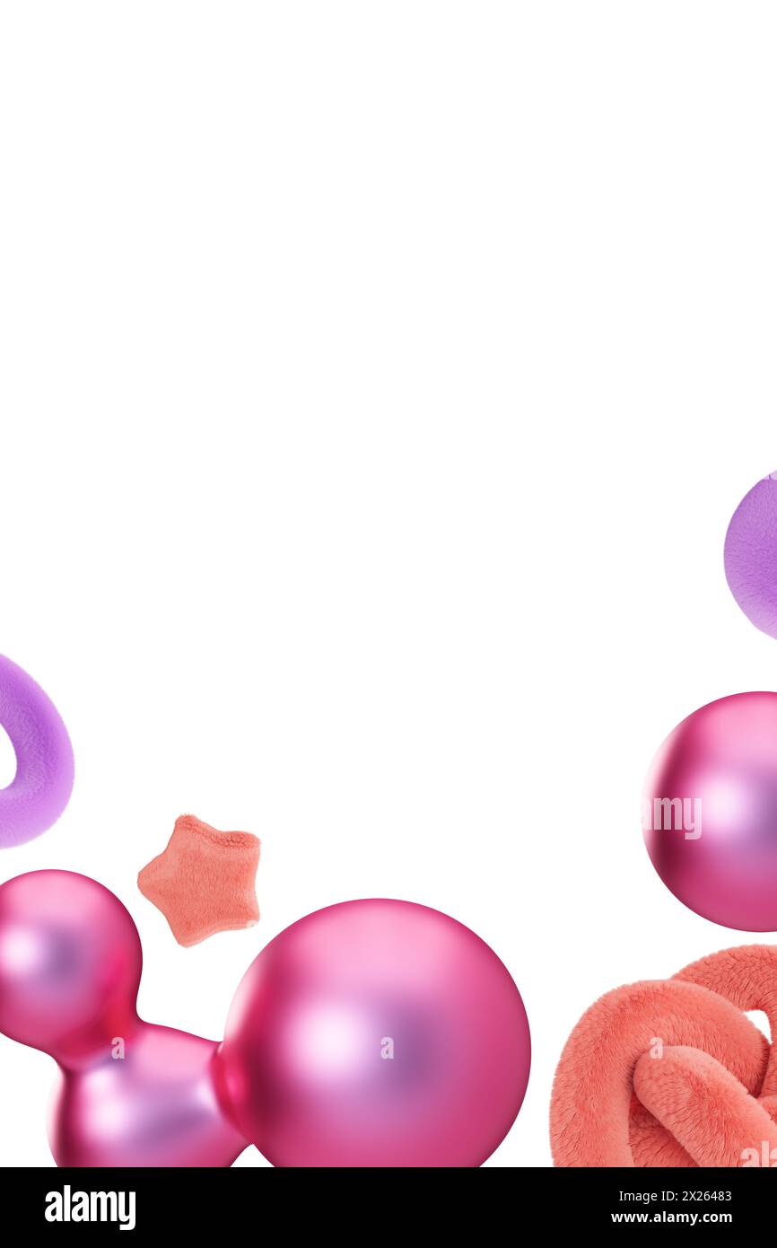 Playful footer with abstract, fluffy and metallic 3D shapes, isolated ...