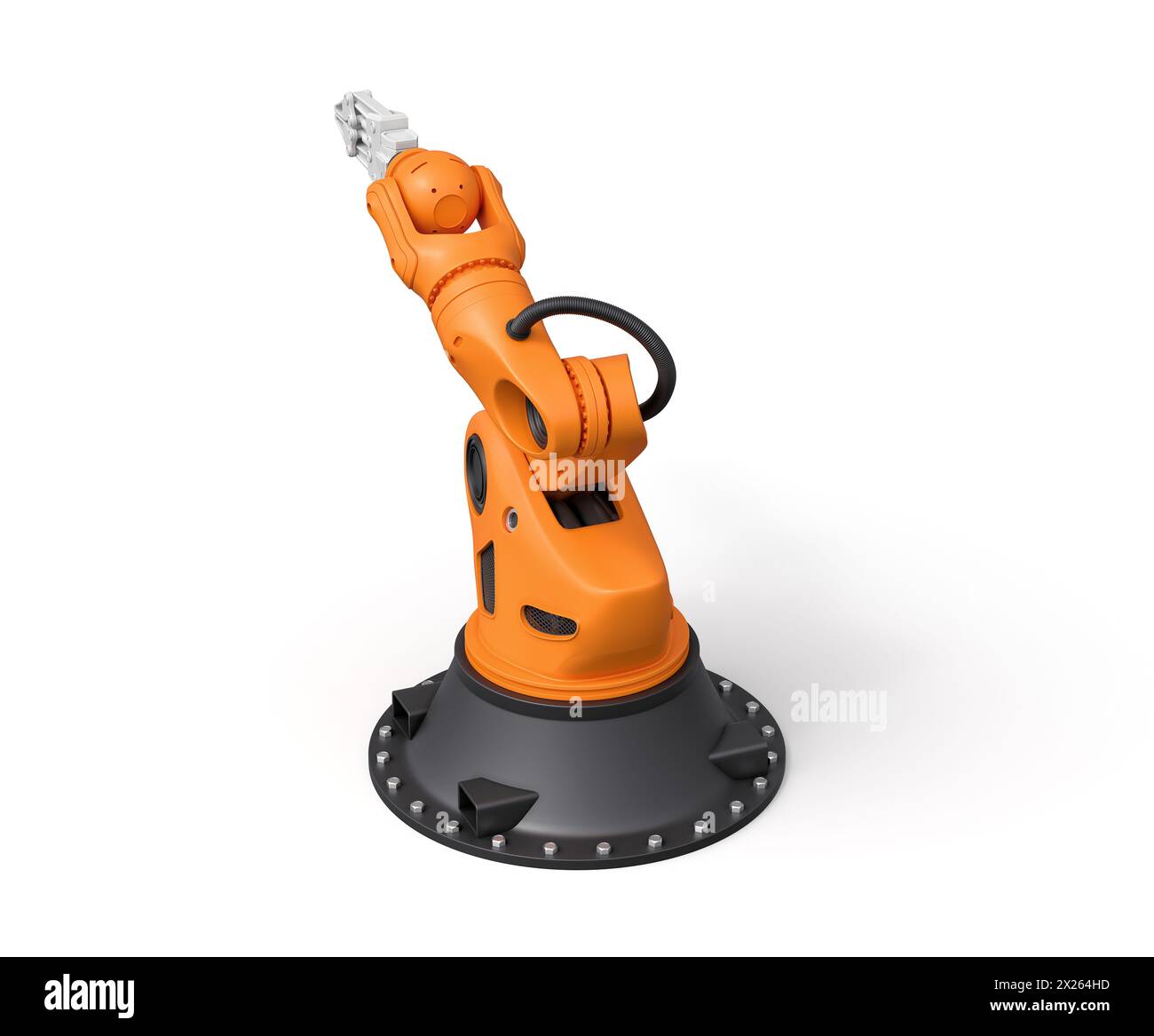 3d rendering of orange robotic arm with grey gripper standing on white ...