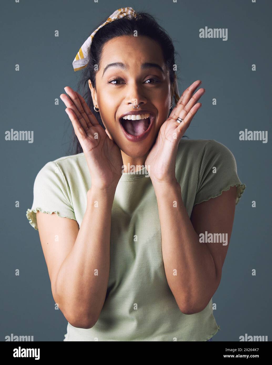 Happy, surprise and portrait of woman in studio with notification ...