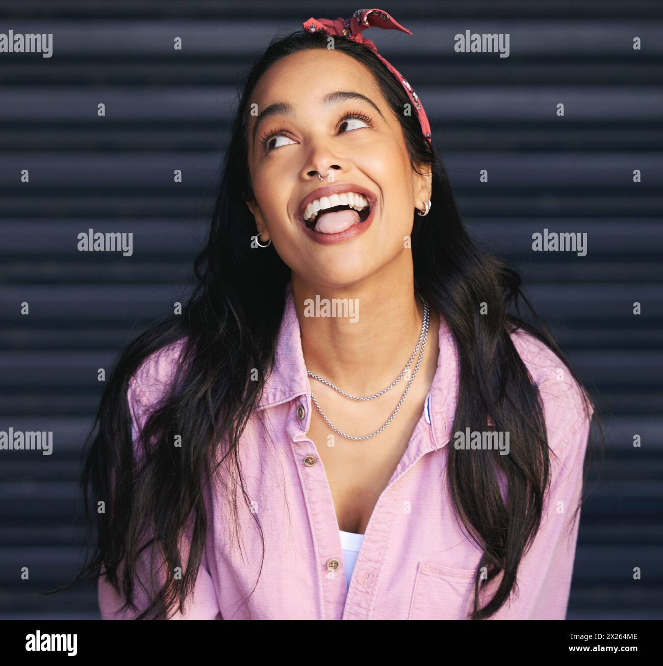 Girl, goofy and tongue out with smile, funny reaction and fashion style ...