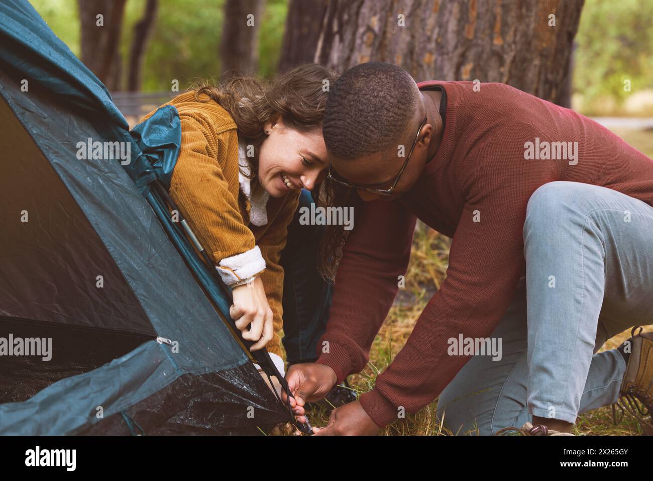Couple, camping and setting tent in outdoors in forest with teamwork ...