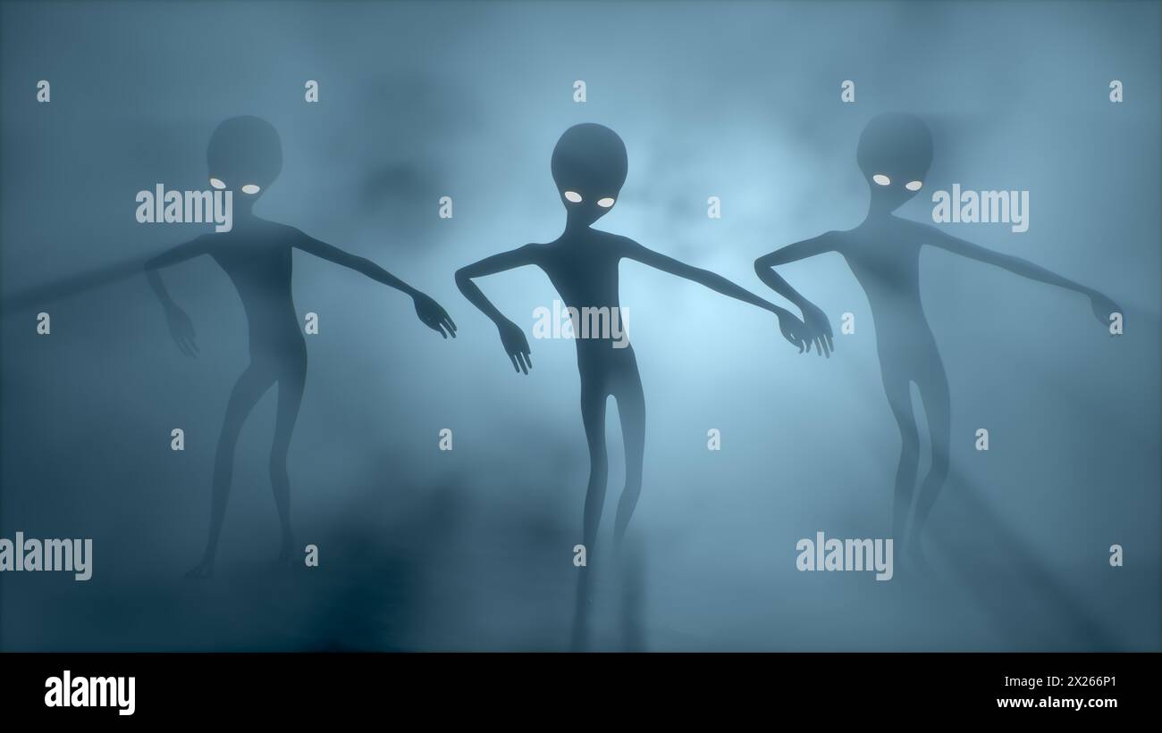 Three scary gray aliens dancing on a dark smoky background. UFO ...