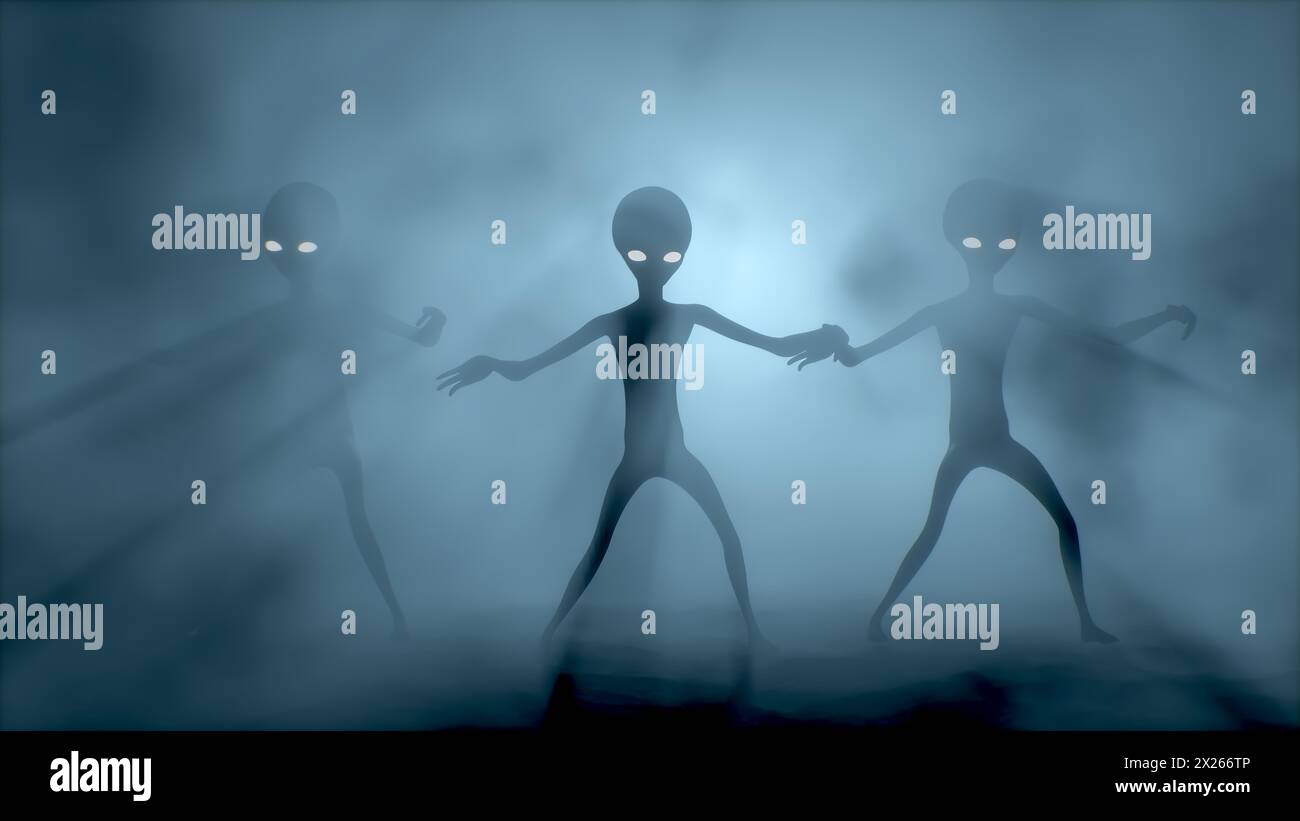 Three scary gray aliens dancing on a dark smoky background. UFO ...