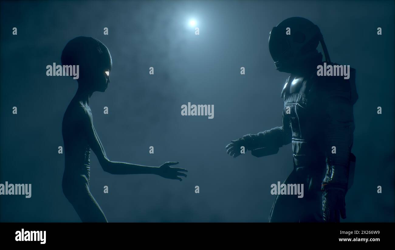 Astronaut meets a grey alien and shakes his hand. First contact. Alien ...