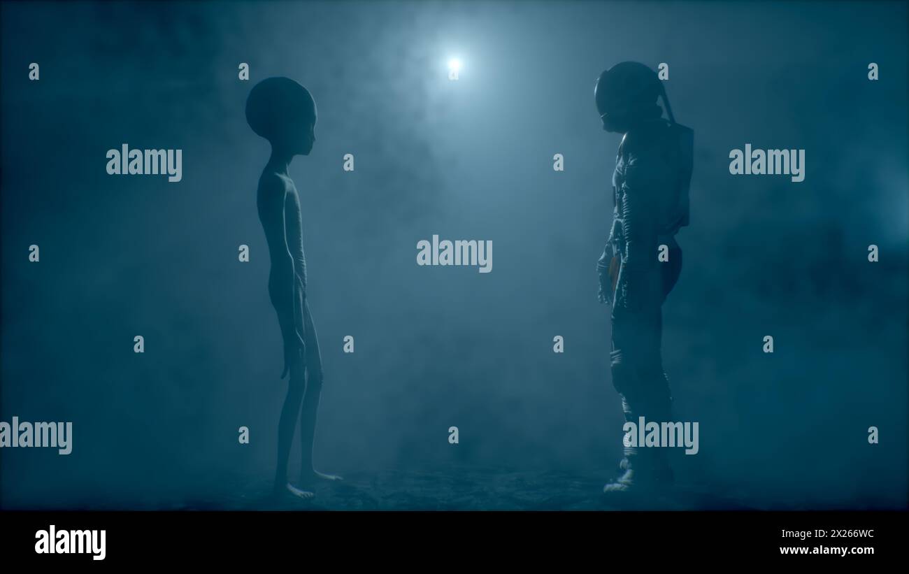 Astronaut meets a grey alien and shakes his hand. First contact. Alien ...