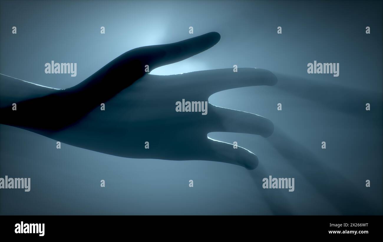 Close-up of an alien's hand in volumetric light.UFO futuristic concept ...