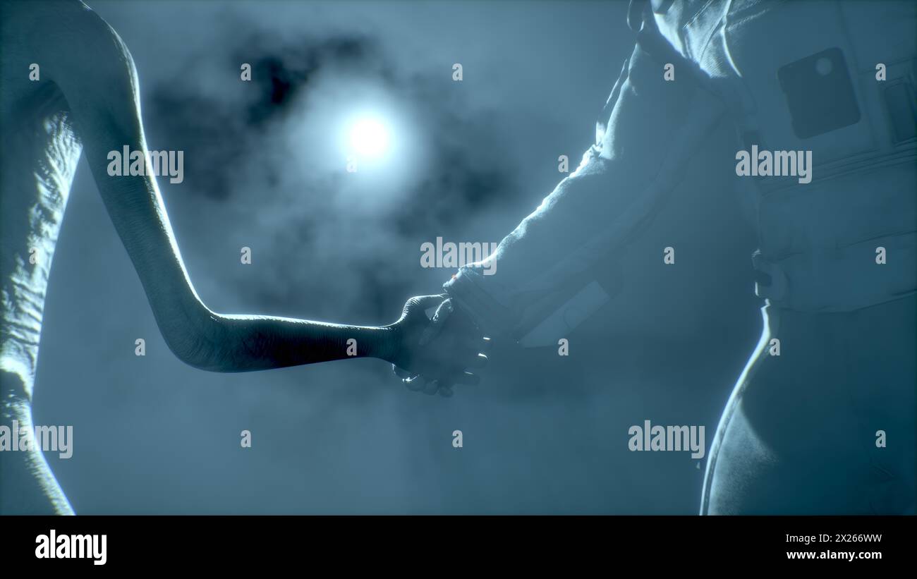 Astronaut meets a grey alien and shakes his hand. First contact. Alien ...