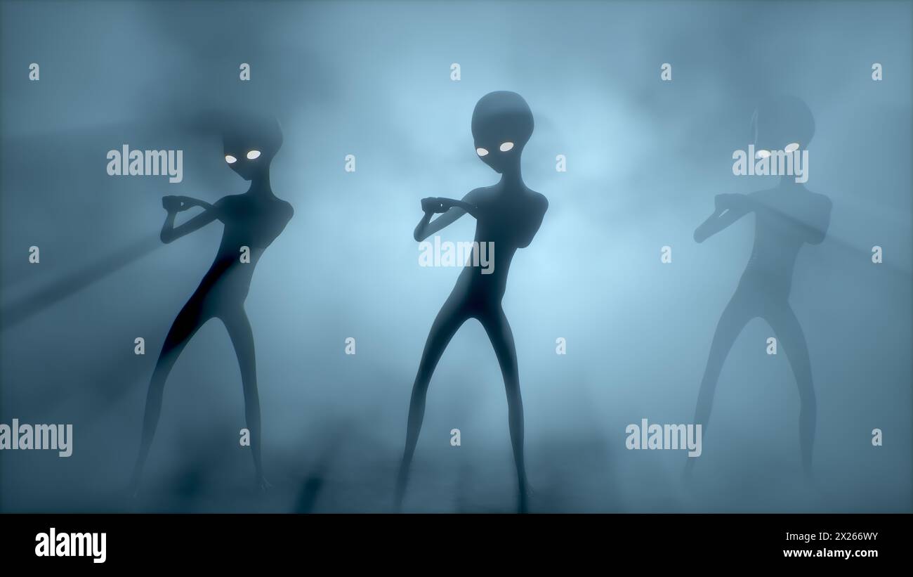 Three scary gray aliens dancing on a dark smoky background. UFO ...