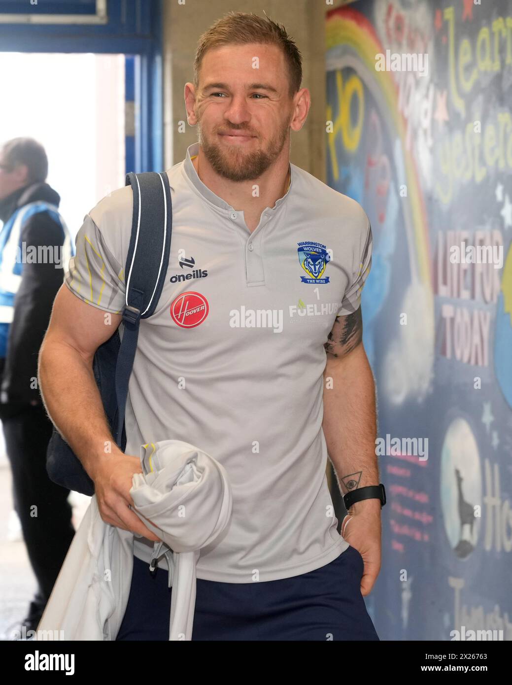 Matt Dufty of Warrington Wolves arrives at the stadium before the ...
