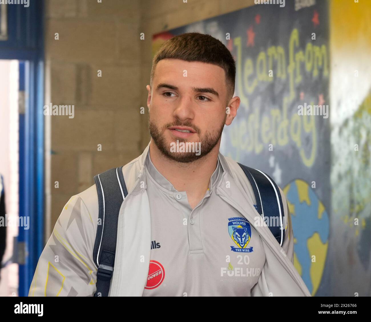 Connor Wrench of Warrington Wolves arrives at the stadium before the ...