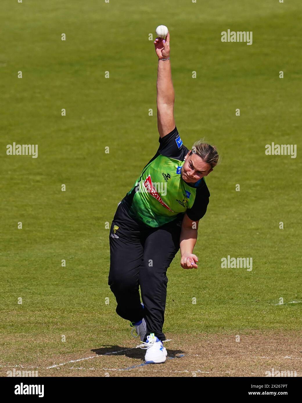 Cardiff, UK, 20 April 2024. Western Storm's Danielle Gibson bowling ...