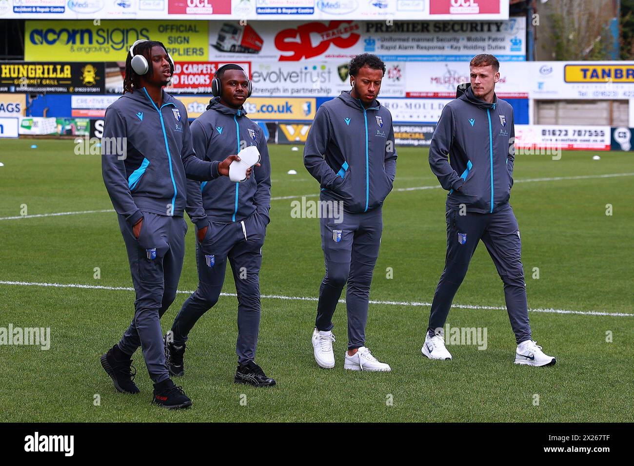 Mansfield, UK. 20th Apr, 2024. Gillingham players arrive during the ...