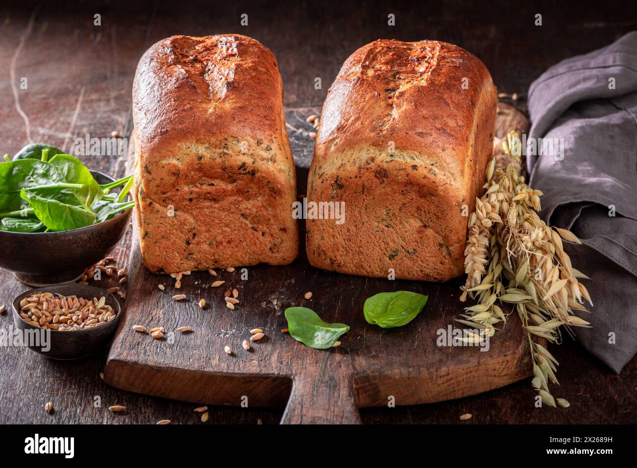 Healthy and delicious spinach bread baked in a home oven. Bread made ...