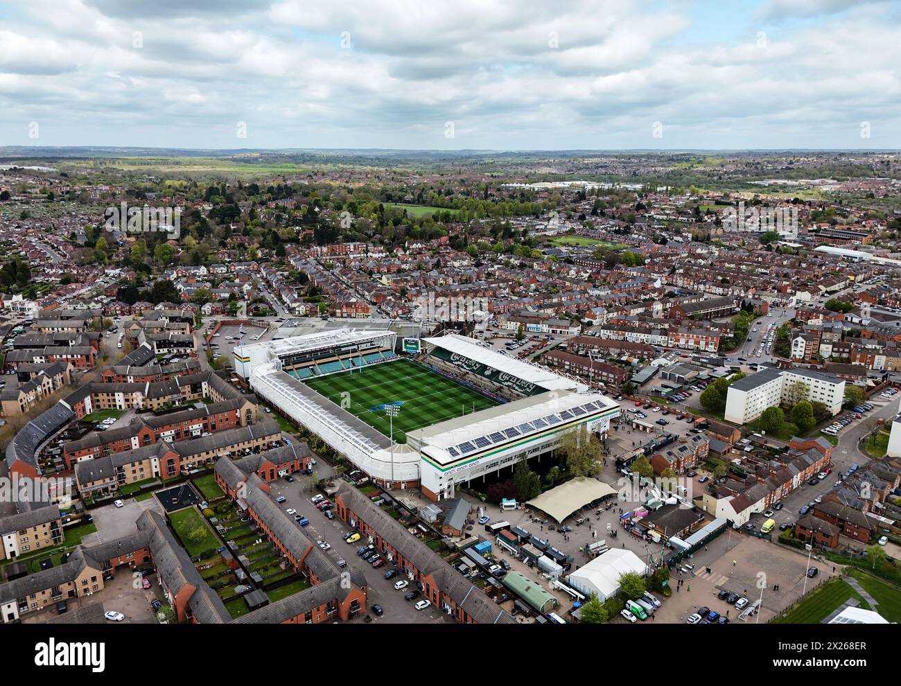 An aerial view taken from a drone above the stadium before the ...