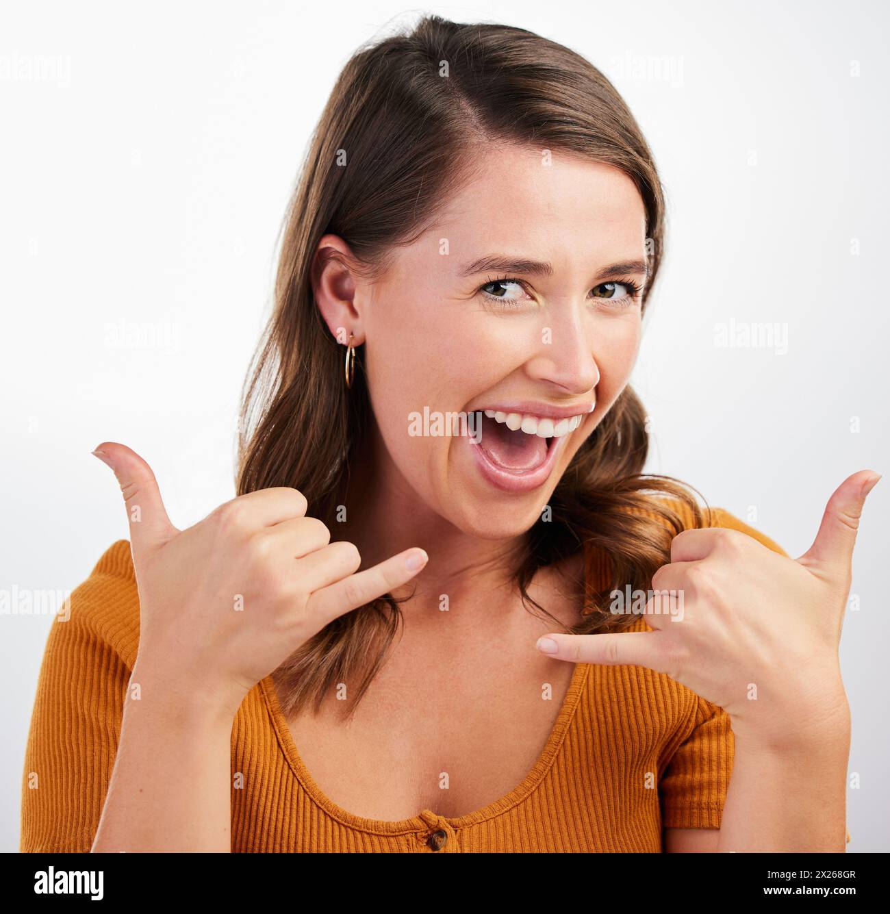 Studio, portrait and woman with shaka sign, smile and excited ...