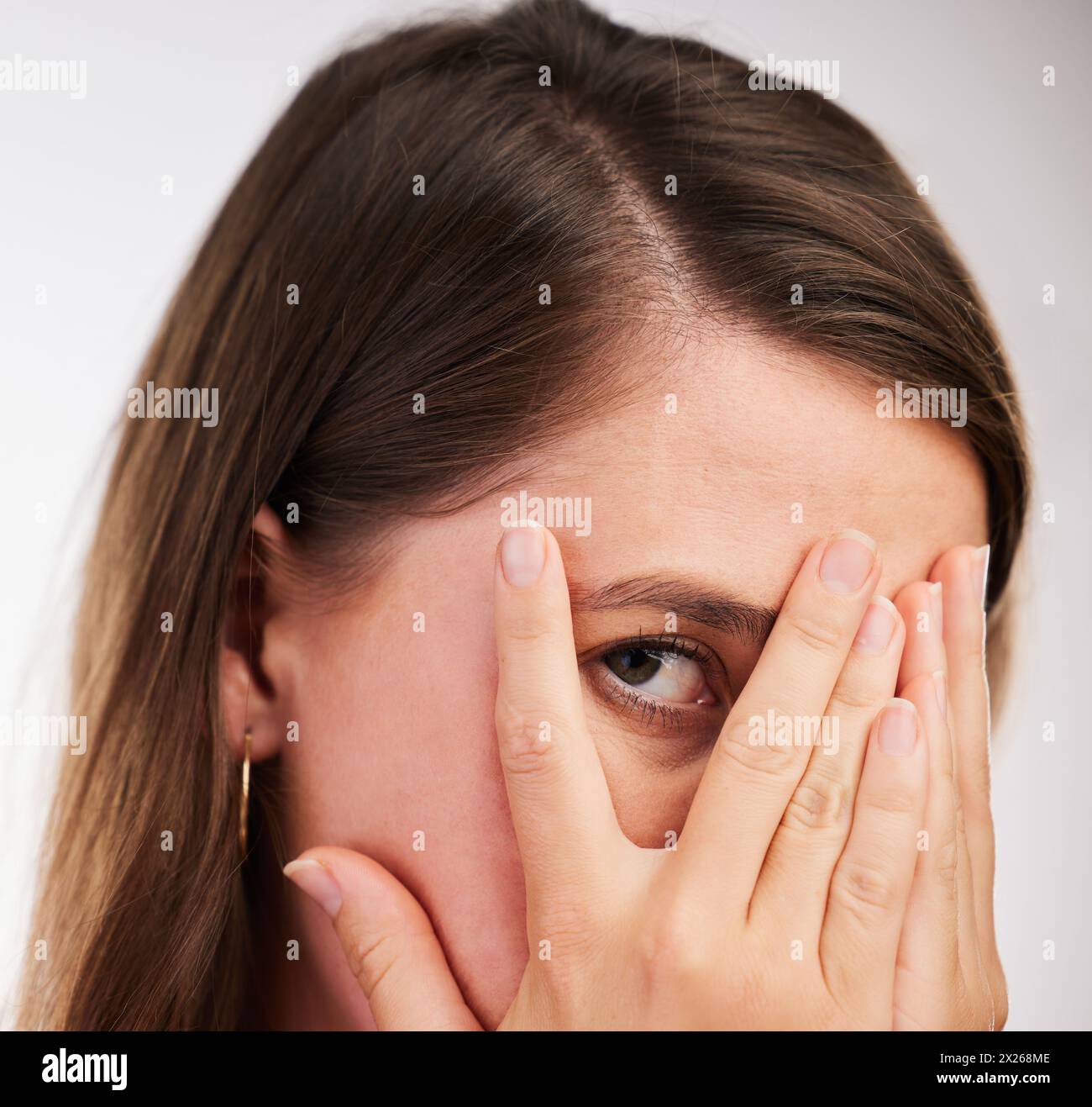 Scary, face and woman with hands to cover or hide from surprise fail in ...