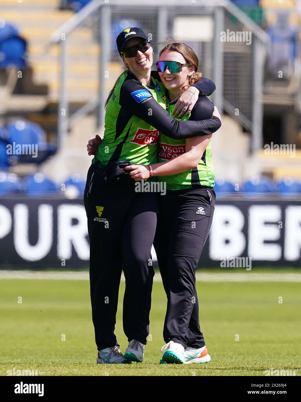 Cardiff, UK, 20 April 2024. Western Storm's Chloe Skelton celebrates ...