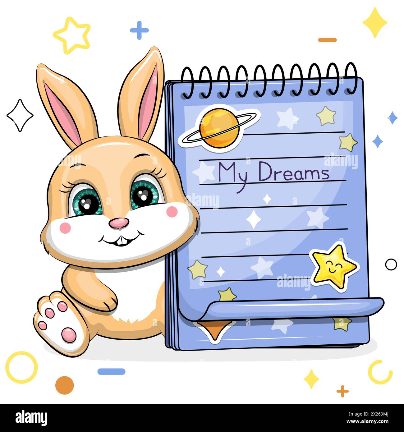 A cute cartoon bunny and a blue notebook with stickers. Vector ...