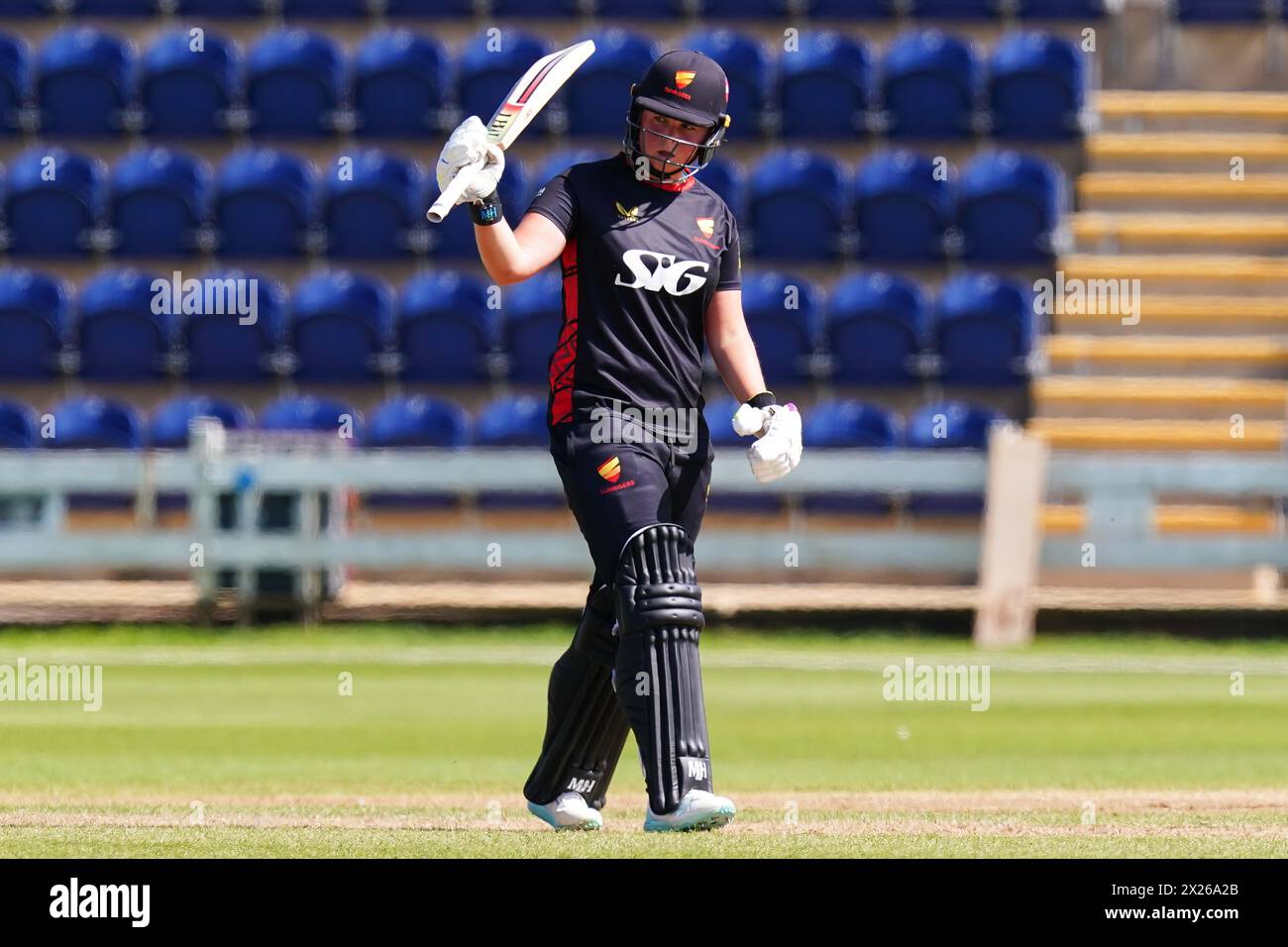 Cardiff, UK, 20 April 2024. Sunrisers' Grace Scrivens celebrates ...