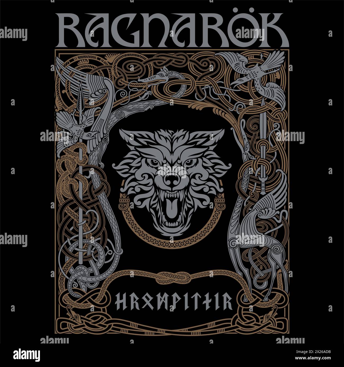 Scandinavian Viking design. Fenrir Wolf head and frame drawn in Old ...