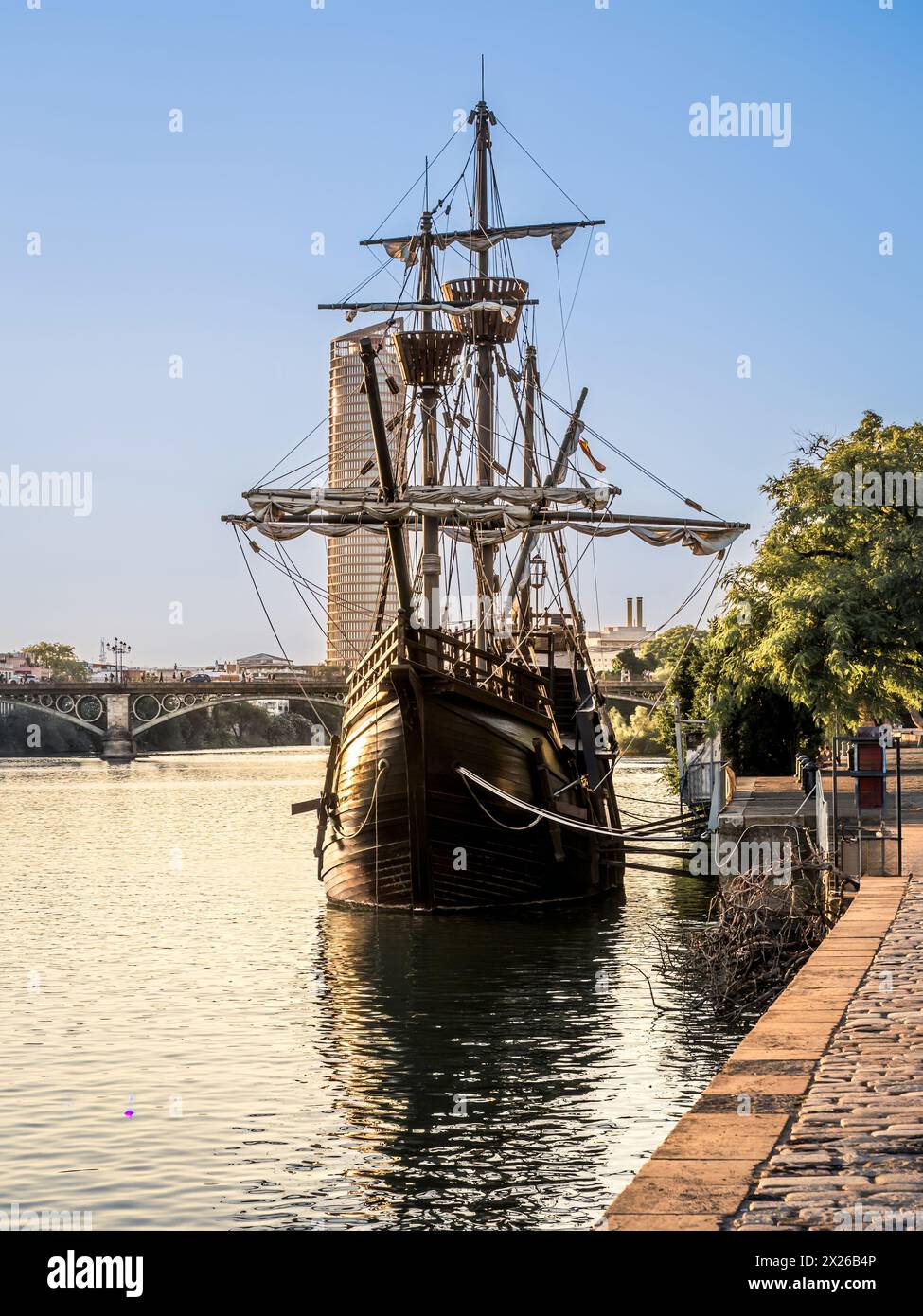The Nao Victoria replica carrack ship docked at the Guadalquivir River ...