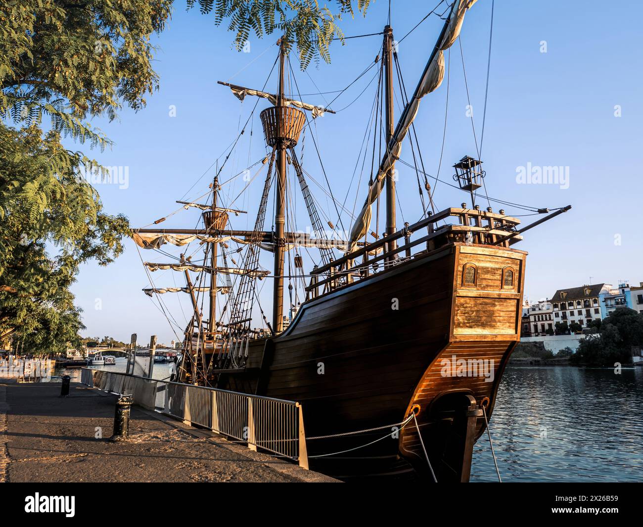 The Nao Victoria replica carrack ship docked at the Guadalquivir River ...