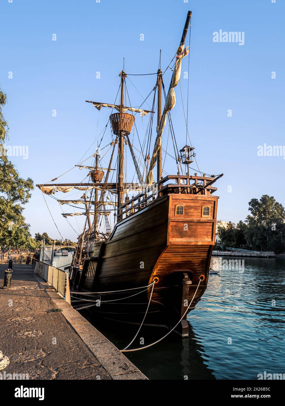 The Nao Victoria replica carrack ship docked at the Guadalquivir River ...