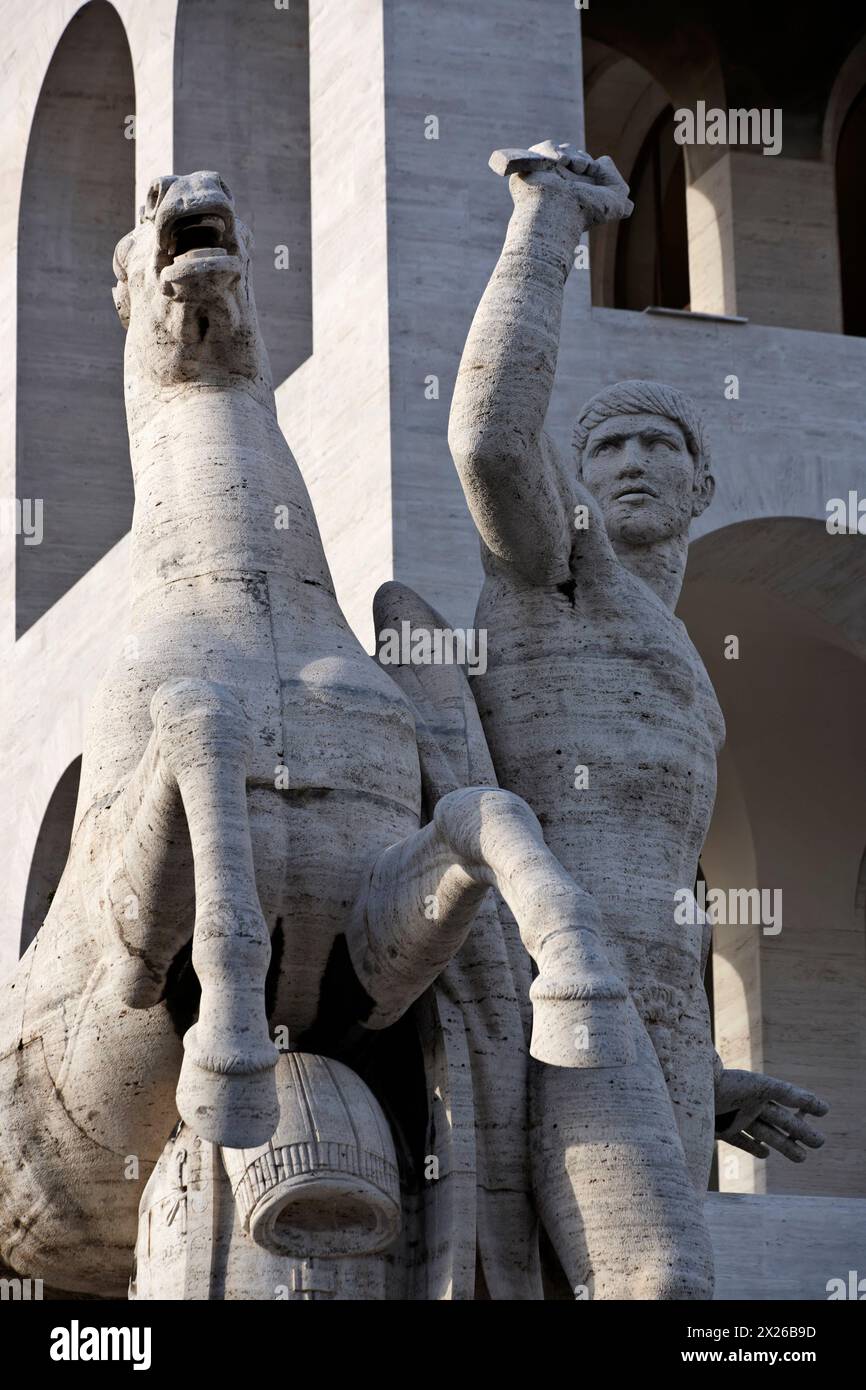ITALY, Lazio, Rome, Eur, The horse marble statue in front of the Square ...