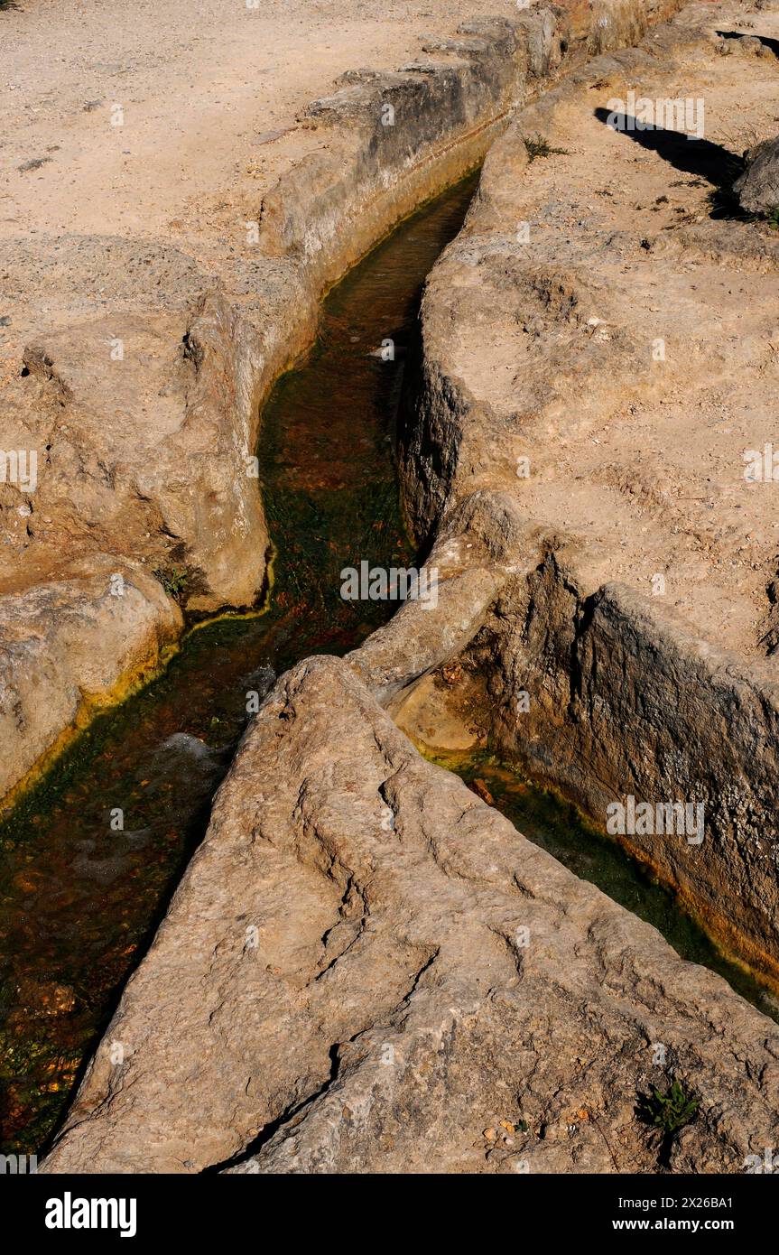 Hot volcanic spring water in network of waterways, channels and canals ...