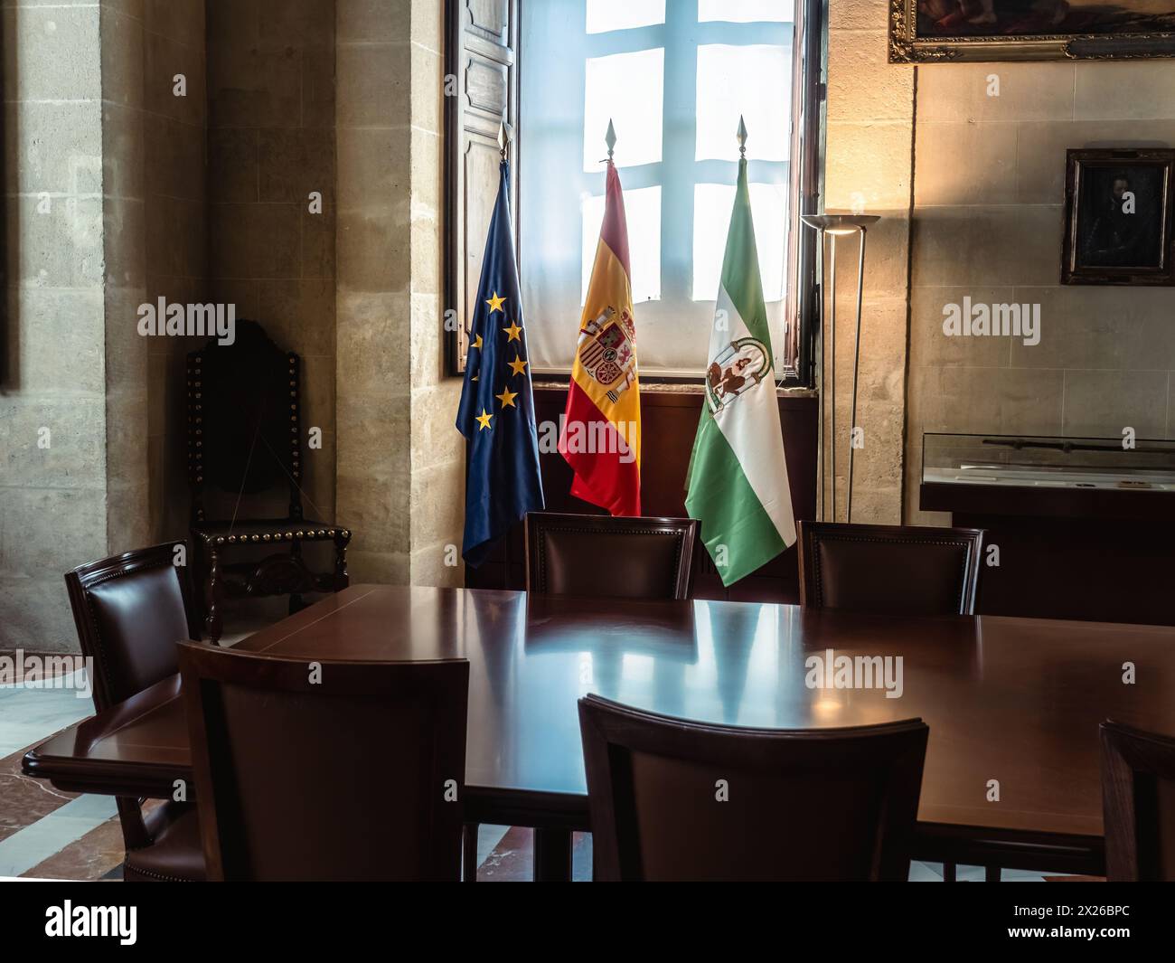The flags of Andalusia (Andalucia), Spain and the European Union EU in ...